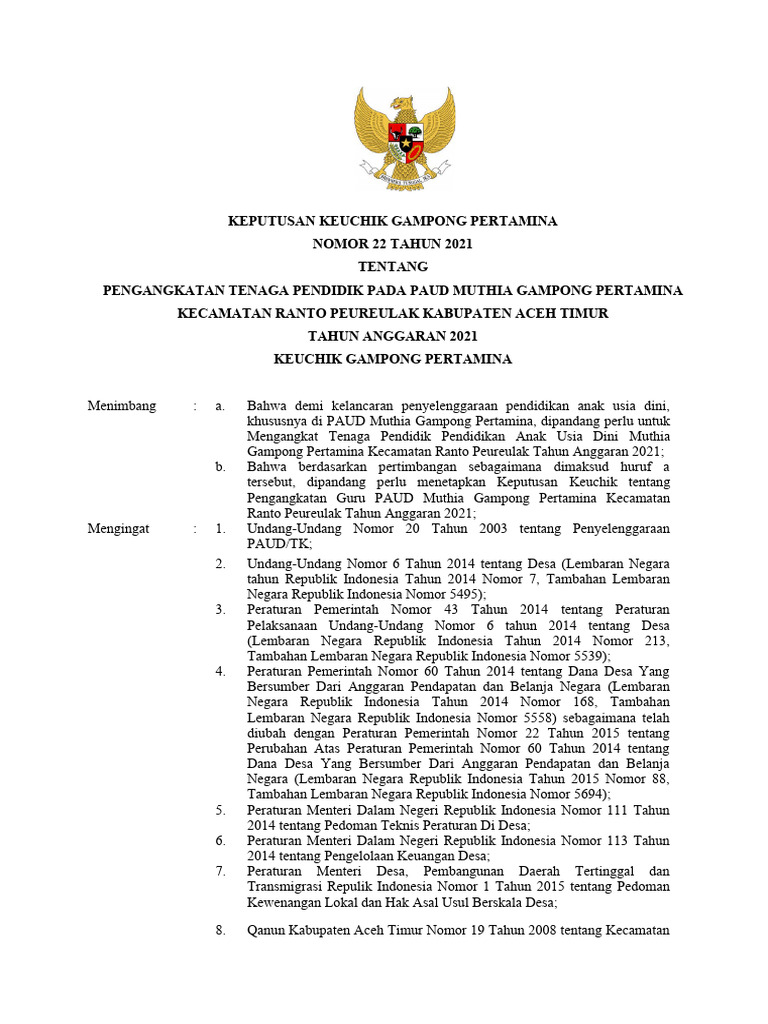 SK Pengangkatan Guru PAUD 2021 | PDF