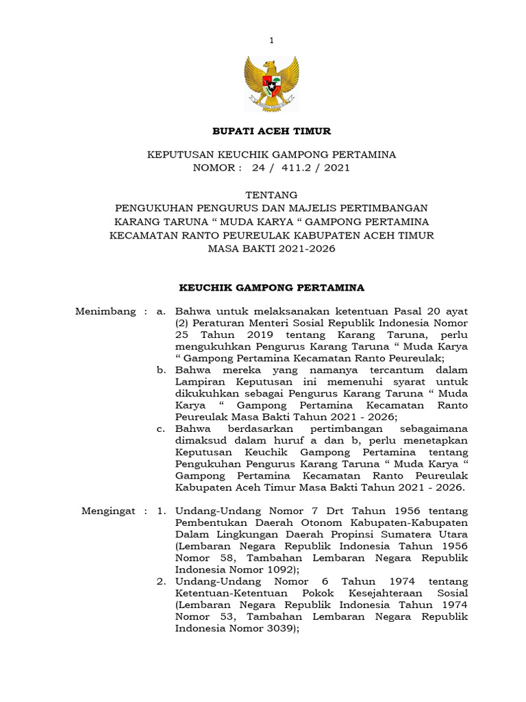 Pengukuhan Pengurus Karang Taruna Gampong Pertamina 2021-2026 | PDF