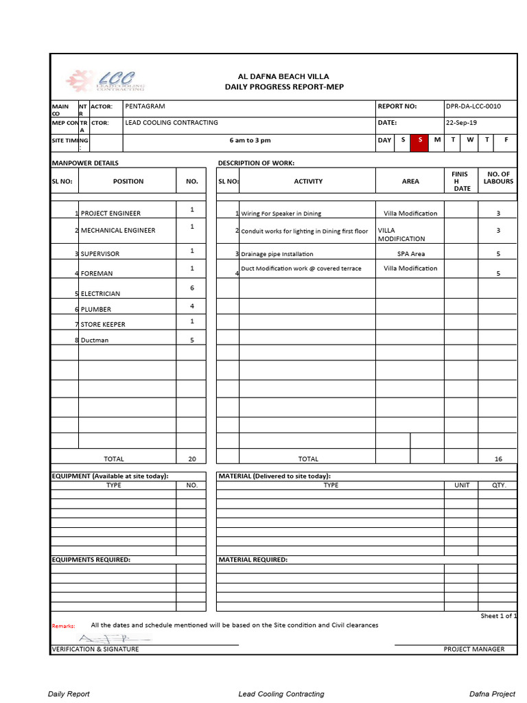 MEP Daily Progress Report - Dafna Villa | PDF