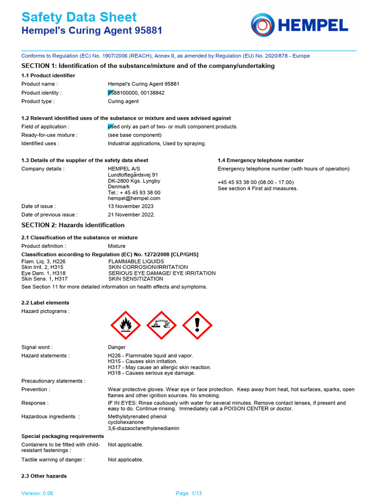 Safety Data Sheet: Hempel's Curing Agent 95881 | PDF
