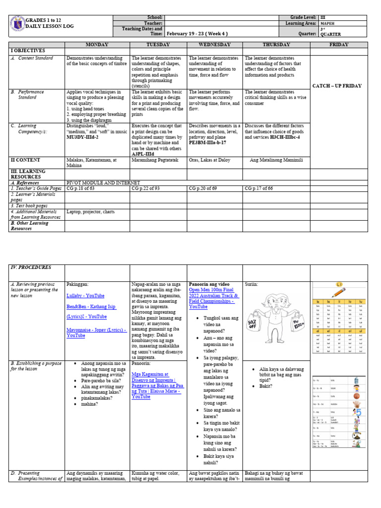 DLL - Mapeh 3 - Q3 - W4 | Download Free PDF | Learning | Teachers