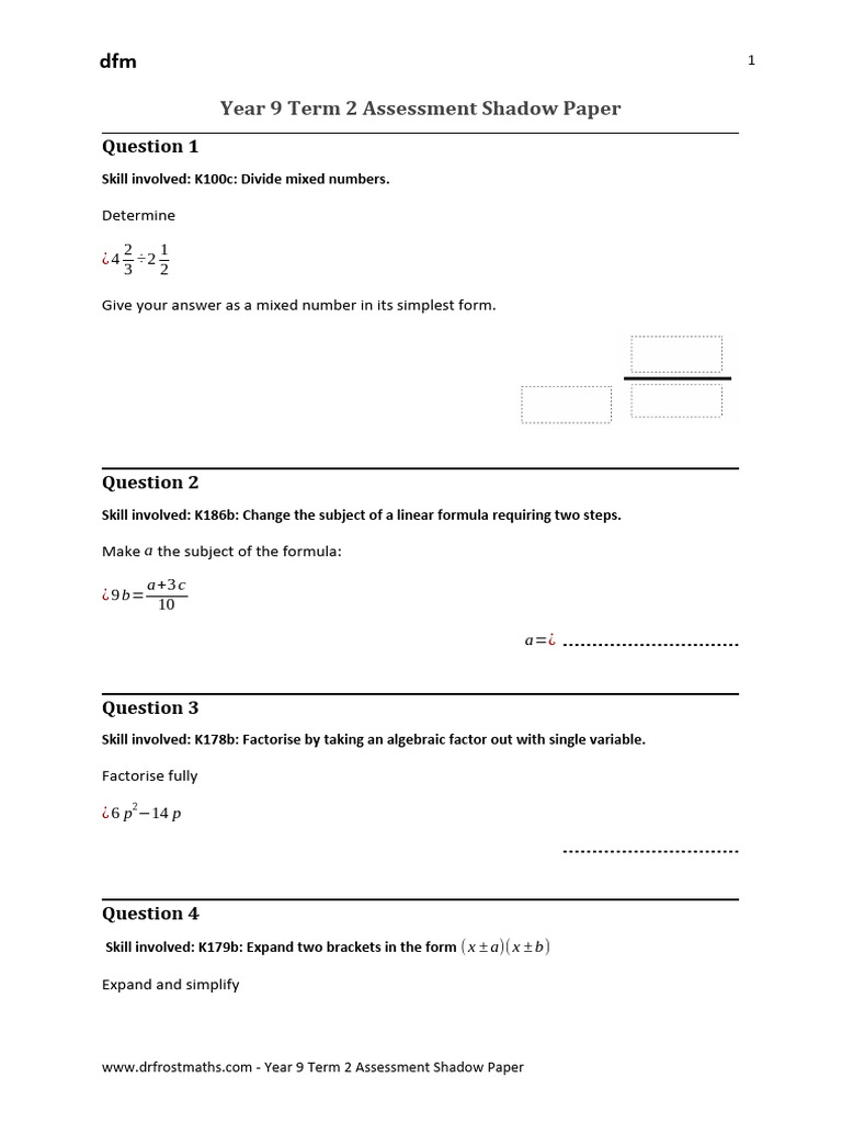 Year 9 Term 2 Assessment Shadow Paper | PDF | Factorization | Applied ...