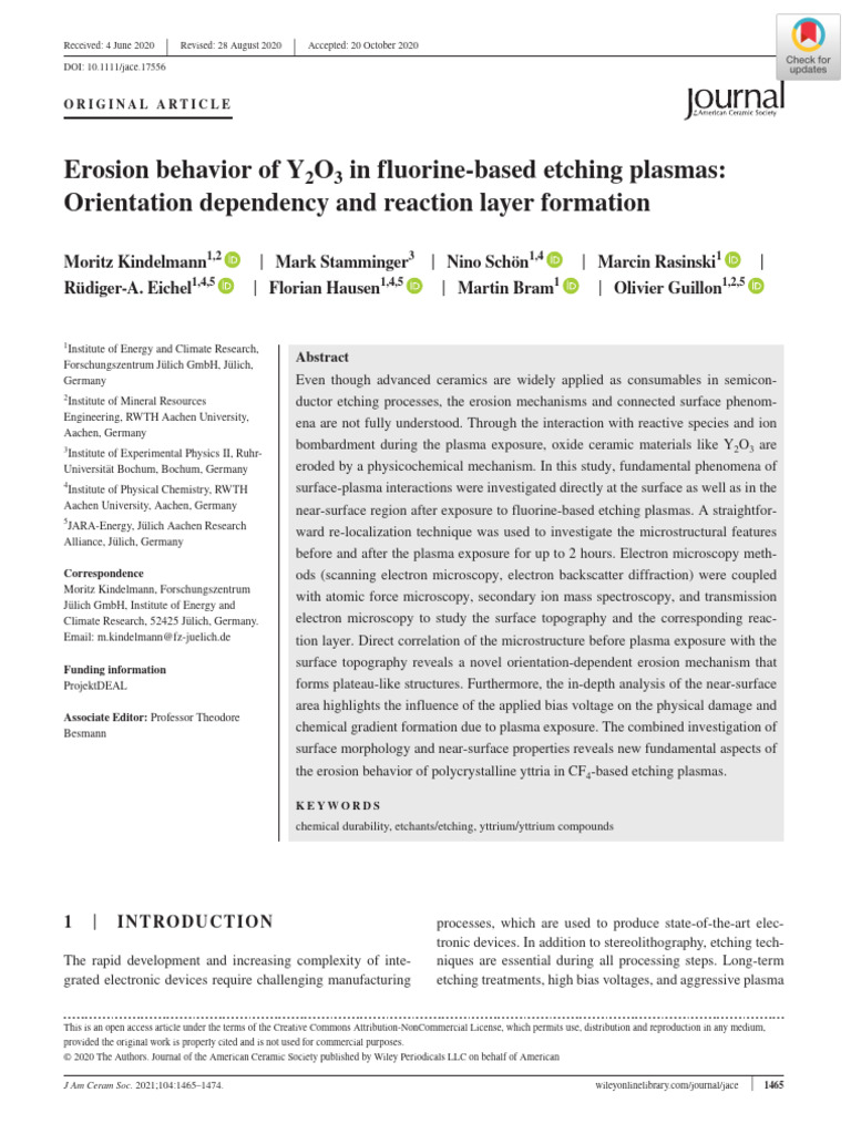 Erosion Behavior of Y2O3 in Fluorine-Based Etching Plasmas Orientation Dependency and Reaction ...