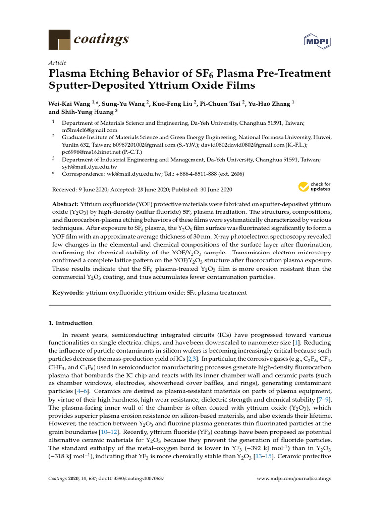 Plasma Etching Behavior of SF6 Plasma Pre-Treatment Sputter-Deposited Yttrium Oxide Films | PDF ...