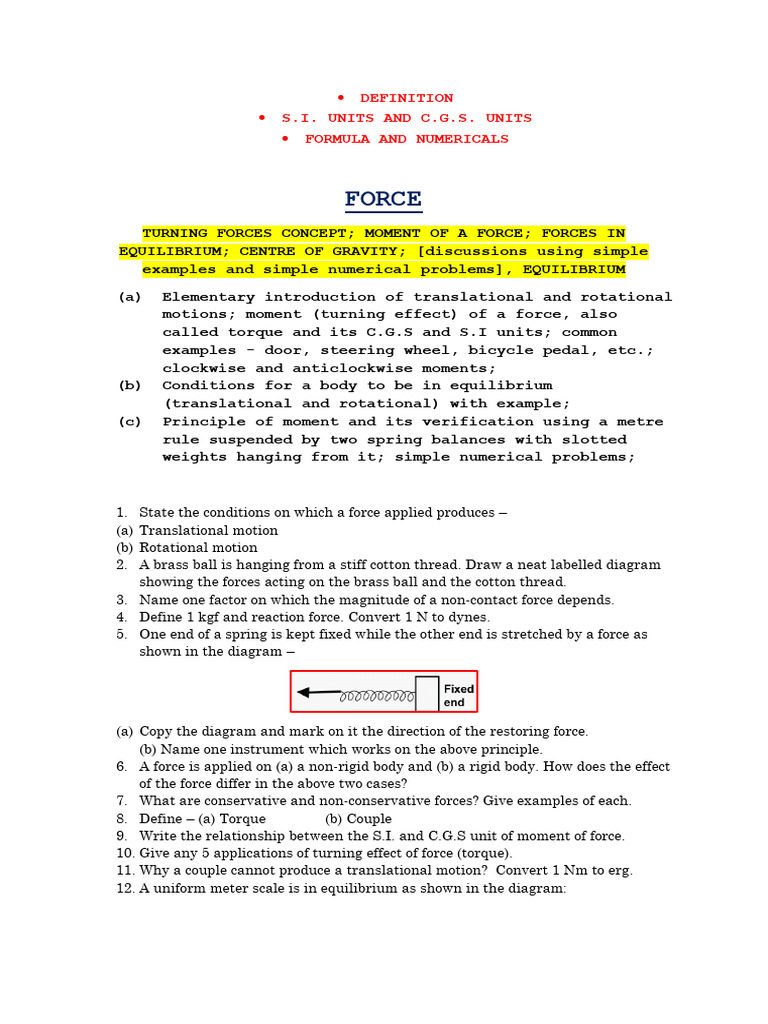 ICSE X FORCE REMEDIAL REVISION-merged | PDF | Force | Center Of Mass