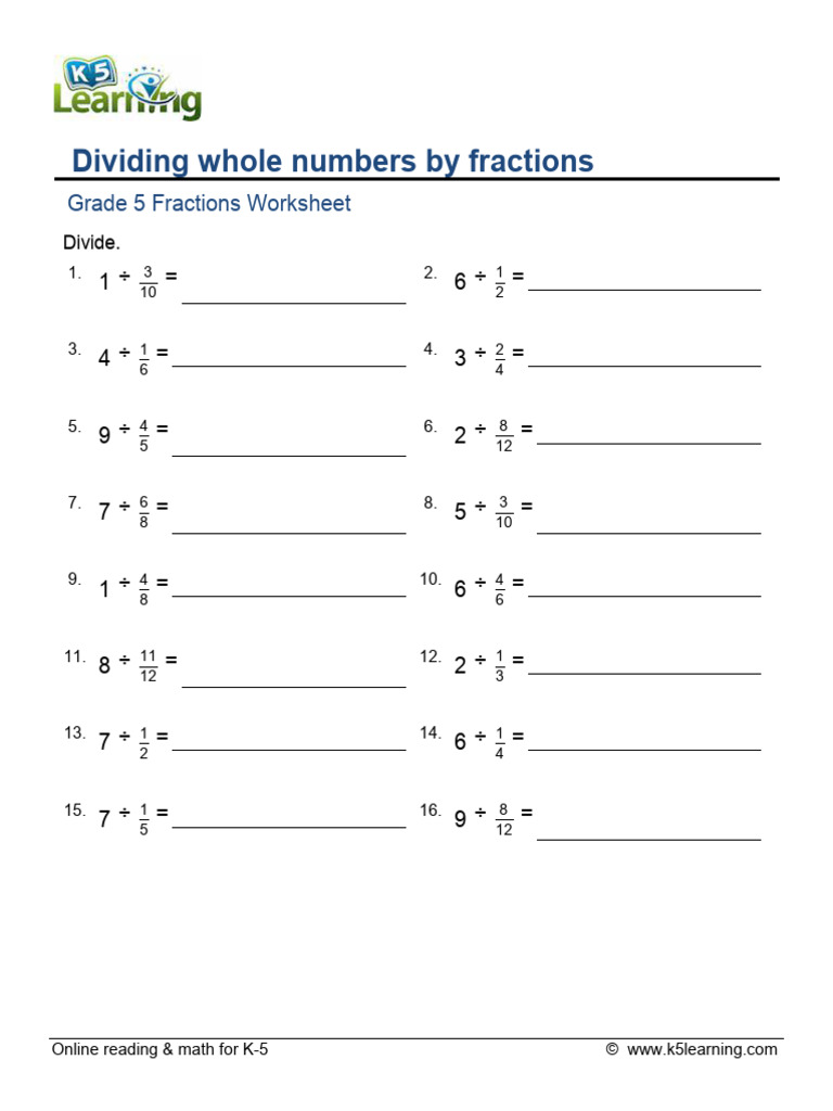 Worksheetsmathgrade 5 Divide Whole Numbers by Fractions A PDF | PDF ...