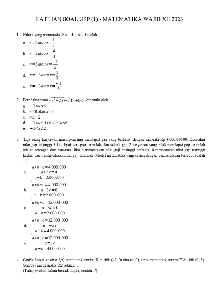 Latihan Usp Matematika Xii Wajib 2023 | PDF