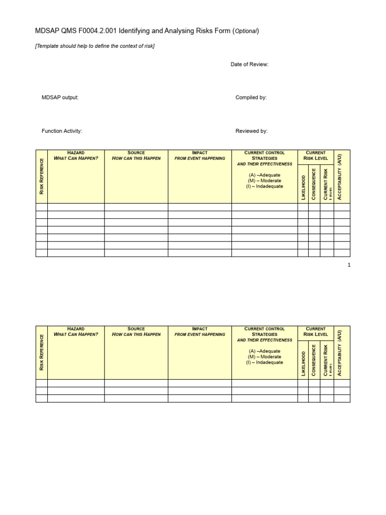 MDSAP QMS F0004.2.001 Identifying and Analyzing Risks Form (Optional ...