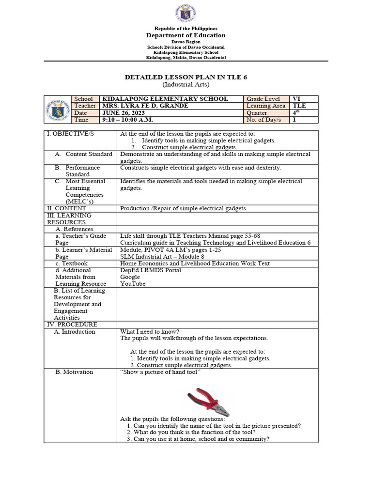 DLP Tle 6 | PDF | Insulator (Electricity) | Learning