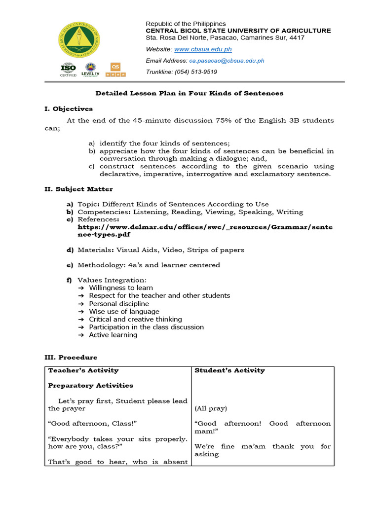 Detailed Lesson Plan Four Kinds of Sentences According To Use | PDF