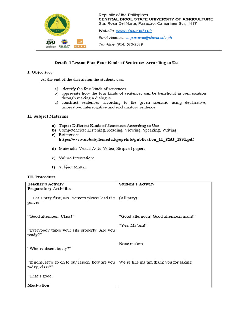 Lesson Plan: Four Sentence Types | PDF | Sentence (Linguistics) | Question