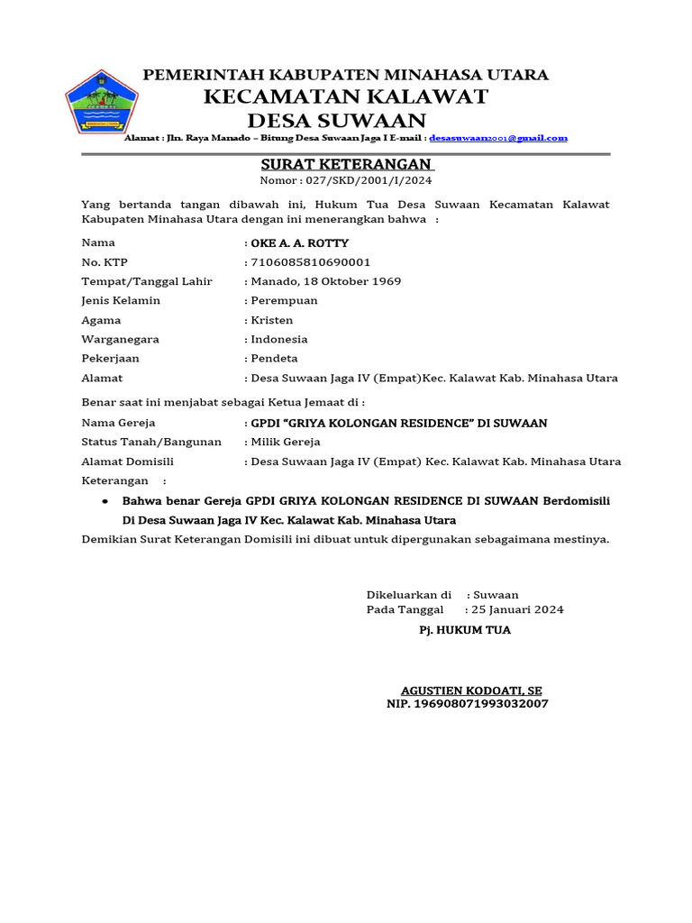Surat Keterangan Domisili Gereja Suwaan | PDF