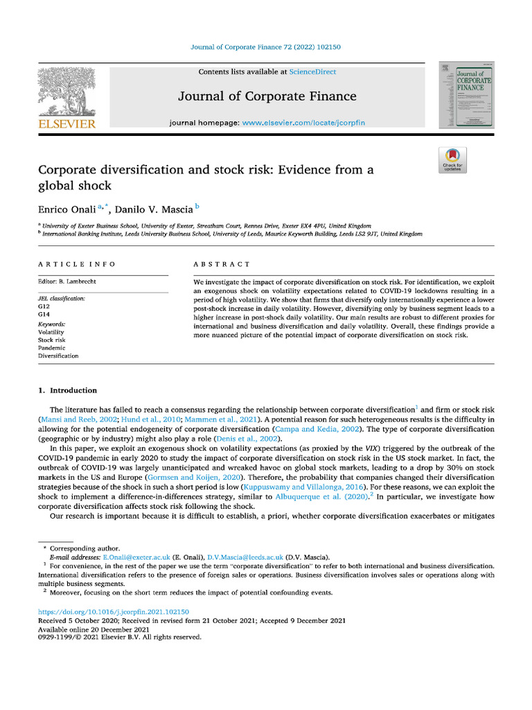 Onali (JCF, 2022)_Corporate diversification and stock risk - Evidence ...