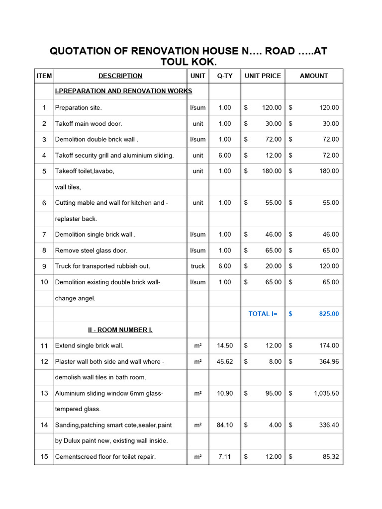 Quotation of Renovation House N . Road ..At Toul Kok | PDF | Wall | Plaster