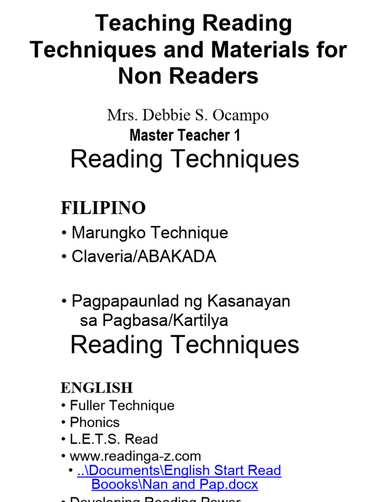 Teaching Reading Techniques and Materials For Non Readers | PDF