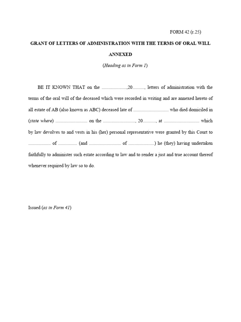 Form 42-Grant of Letters of Administration With The Terms of Oral Will Annexed - 2 | PDF