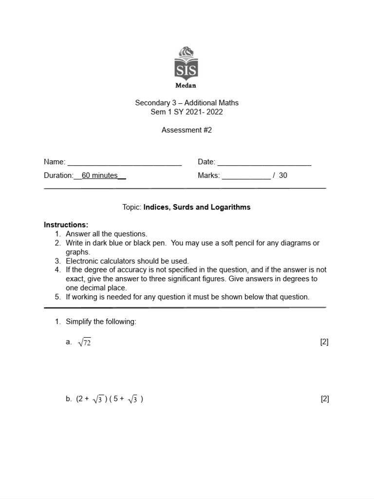 Sec 3 Assessment #2 - Indices, Surds and Logarithms | PDF