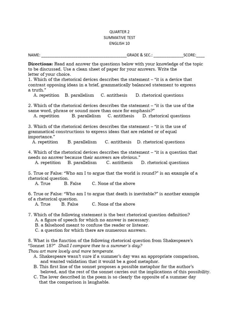 Quarter 2 Summative Test WK1 | PDF