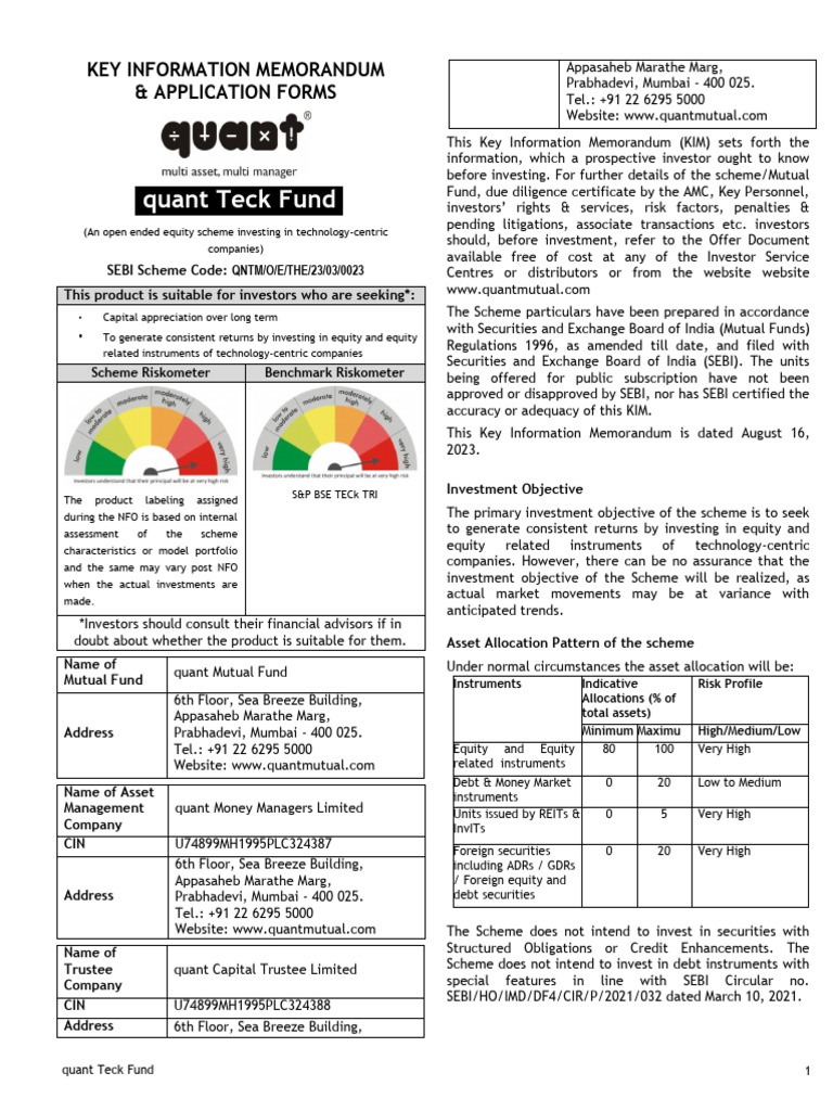 Quant Teck Fund KIM Application Form | PDF | Financial Risk | Market ...