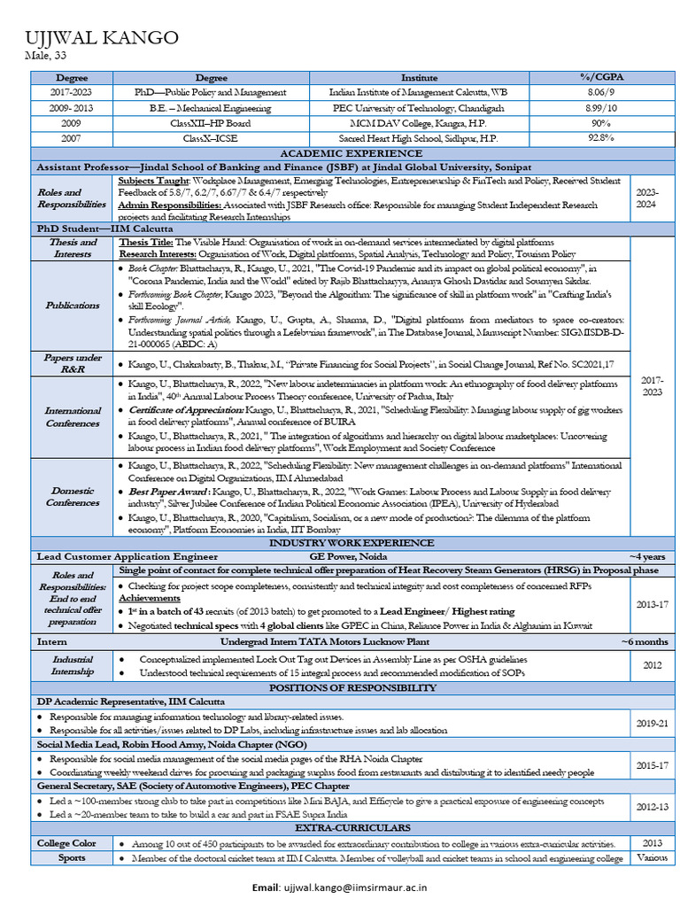 CV - IIM Sirmaur - Ujjwal Kango - v1 | PDF | Economies
