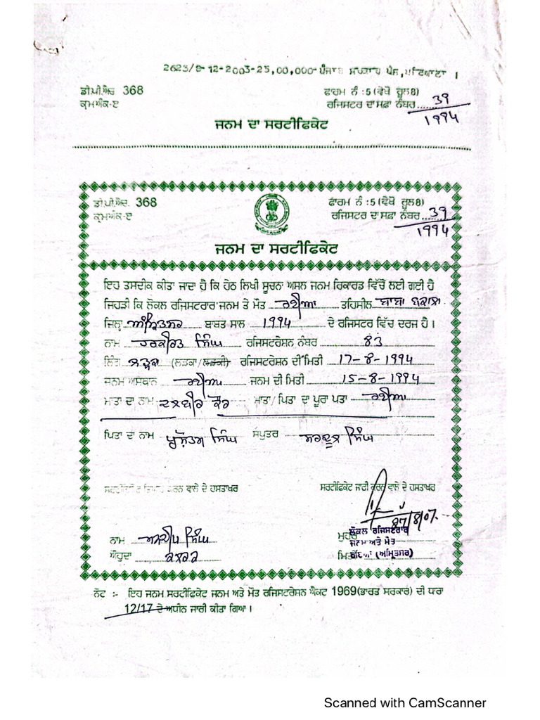 Punjabi Birth Certificate | PDF