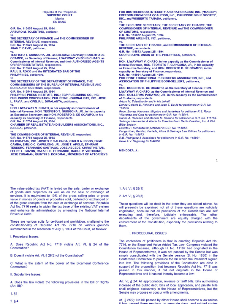 Tolentino V Finance Sec Done | PDF | Bill (Law) | United States House ...