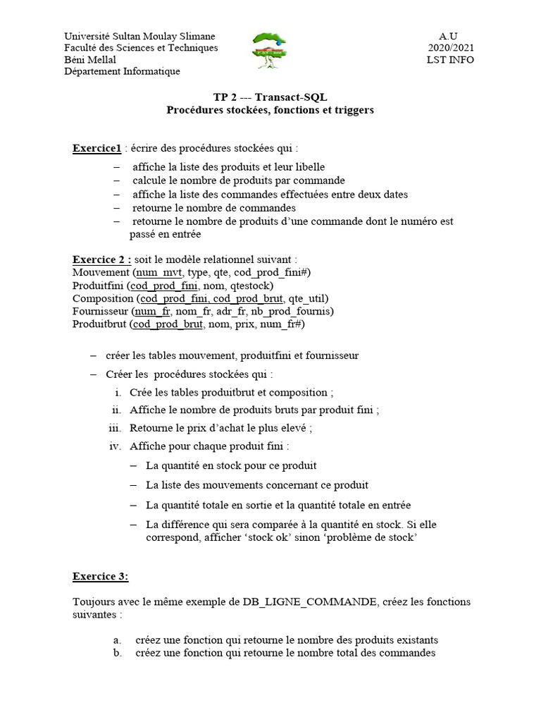 TP Transact-SQL: Procédures, Fonctions, Triggers | PDF | Informatique ...