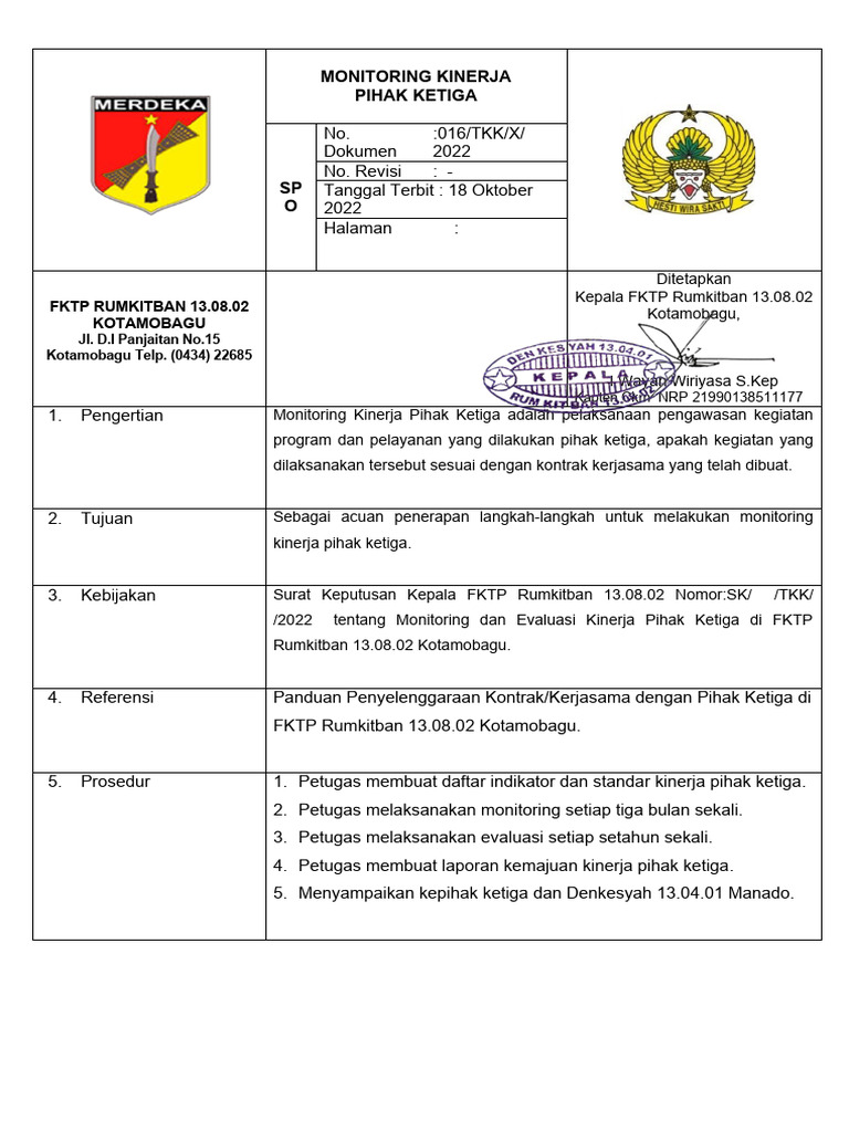 SOP MONITORING KINERJA PIHAK KETIGA New | PDF