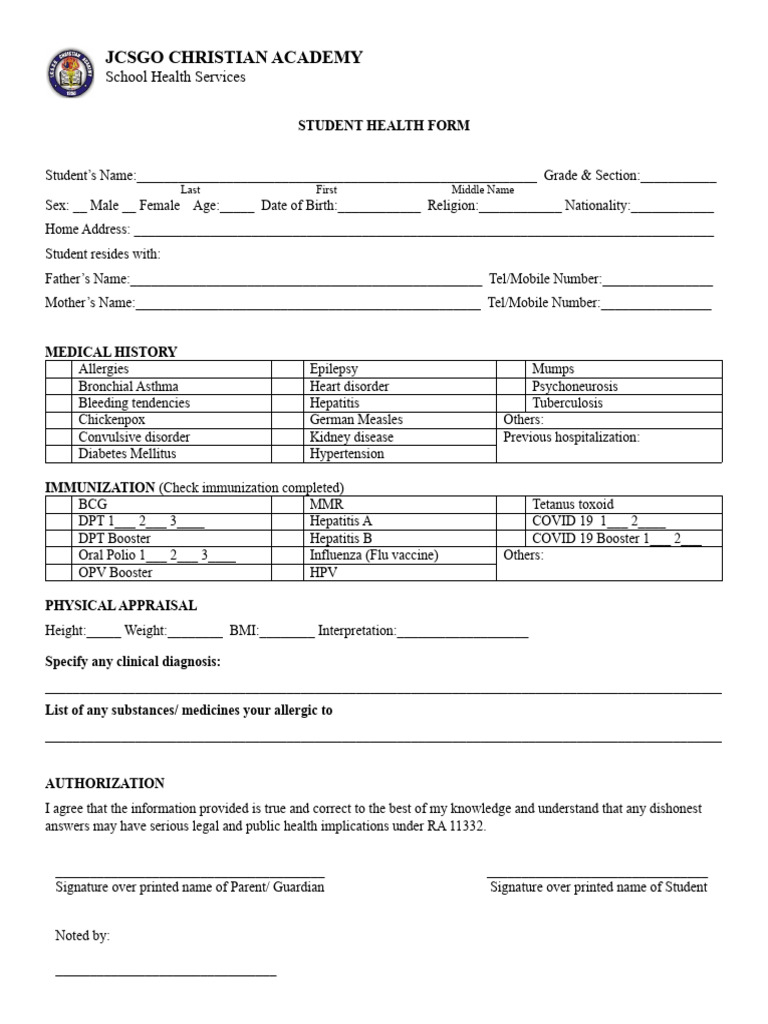 SHS - Student Health Form | PDF | Pediatrics | Public Health