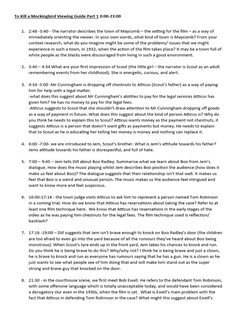 To Kill a Mockingbird Viewing Guide Part 1 | PDF | To Kill A Mockingbird