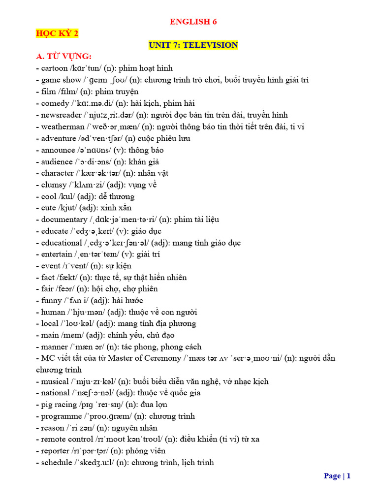 Bài Tập Anh 6 Theo Unit E6 UNIT 7 | PDF