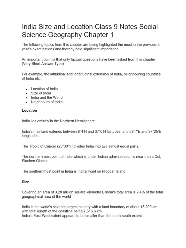 India Size and Location Class 9 Notes Social Science Geography Chapter ...