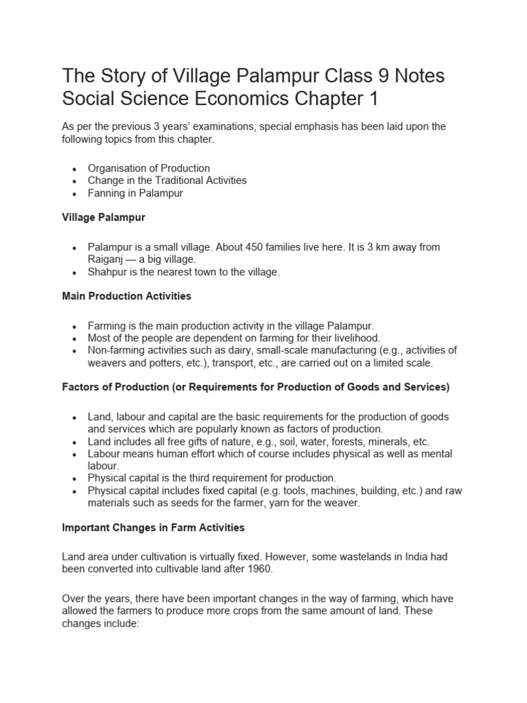 The Story of Village Palampur Class 9 Notes Social Science Economics ...