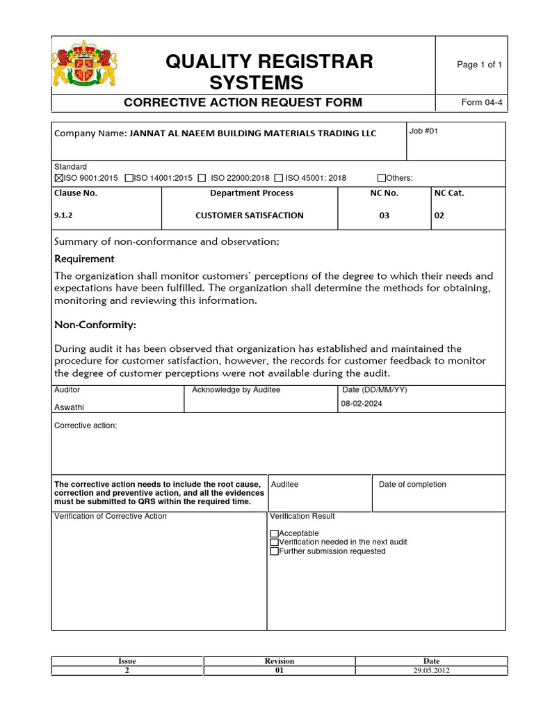 Quality Registrar Systems: Corrective Action Request Form | PDF | Audit ...