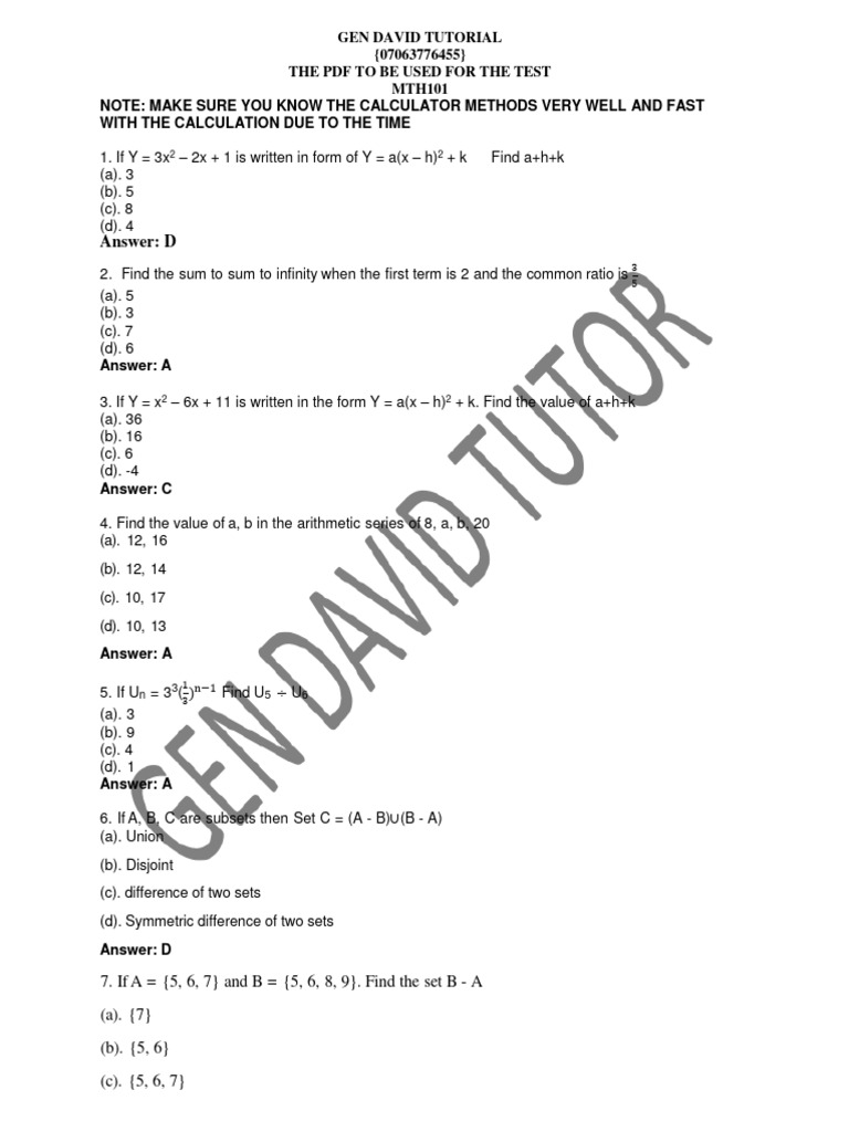 A Gen David MTH101 PDF | PDF | Mathematics | Abstract Algebra