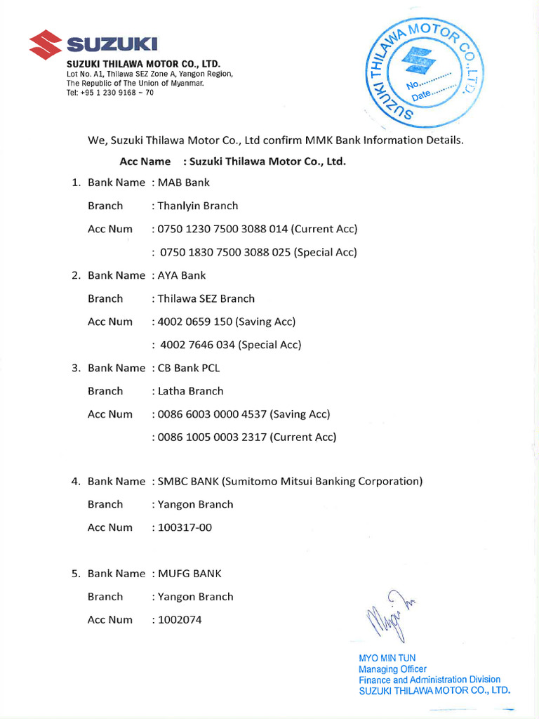 STMC MMK Bank Acc Information | PDF