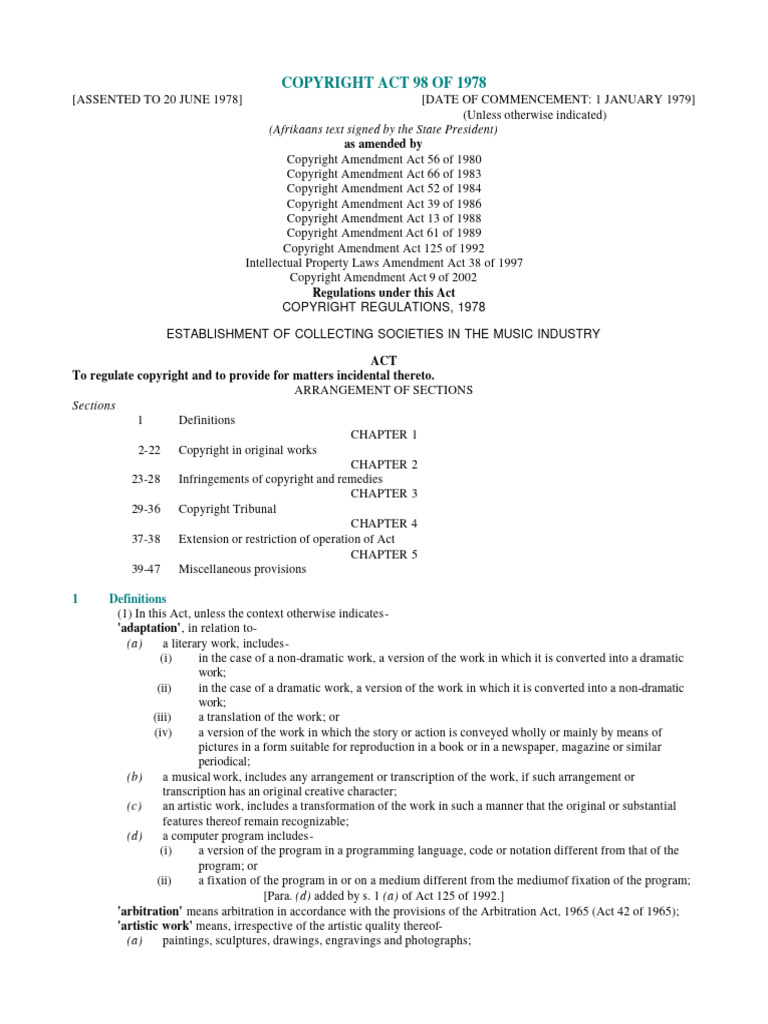 Copyright Act, 1978 (Act No. 98 of 1978, As Amended Up To Copyright ...