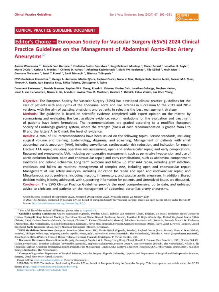 ESVS 2024 CPG Management of Abdominal Aorto-Iliac Artery Aneurysm ...
