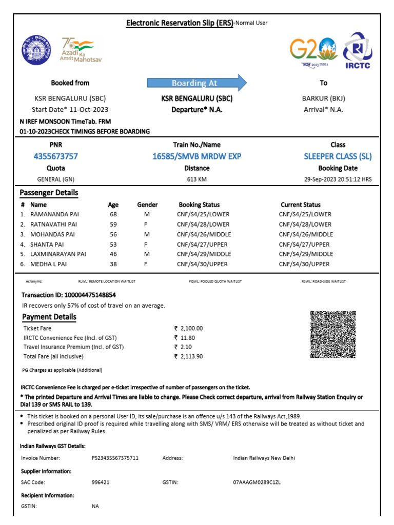 16585/Smvb MRDW Exp Sleeper Class (SL) | PDF | Identity Document ...