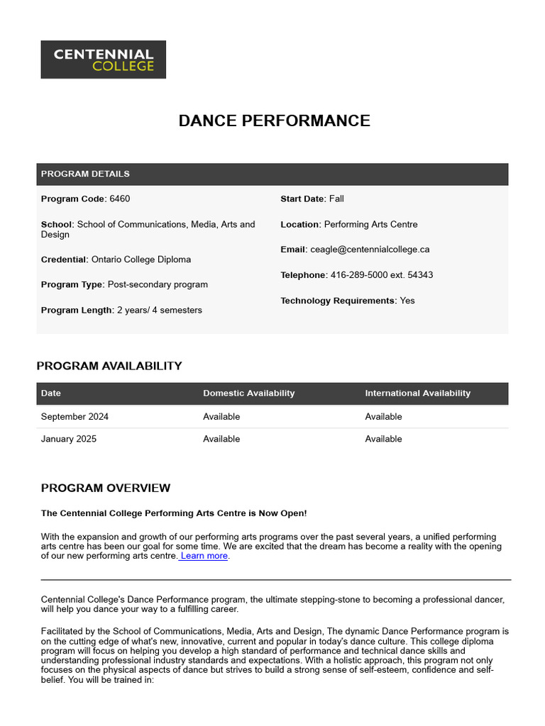 Dance Performance Centennial College | PDF