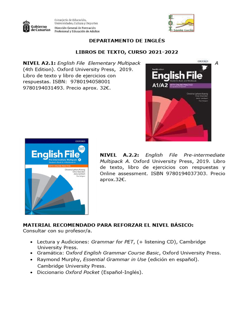 Lista Libros Ingles 2021 2022 | PDF