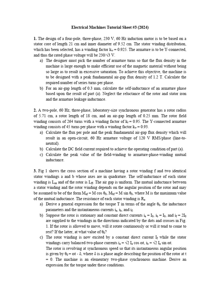 Machines Tutorial Sheet #3 (2024) | PDF | Physical Quantities | Magnetism