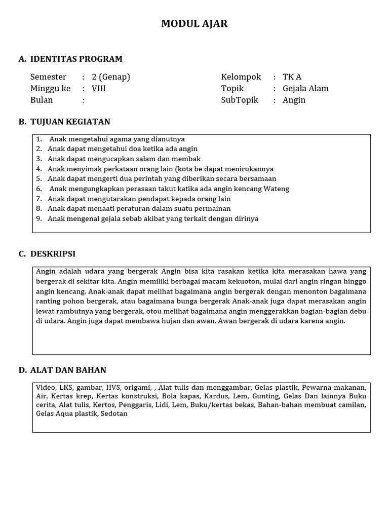 Modul Ajar Angin TK A | PDF