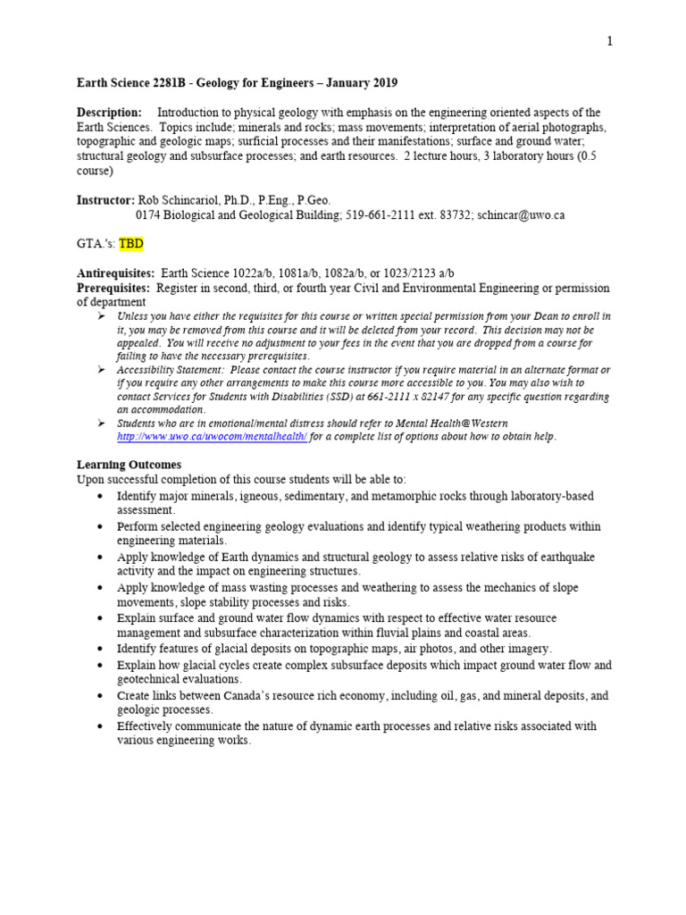 Es281b Course Outline 2019 | PDF | Geology | Rock (Geology)