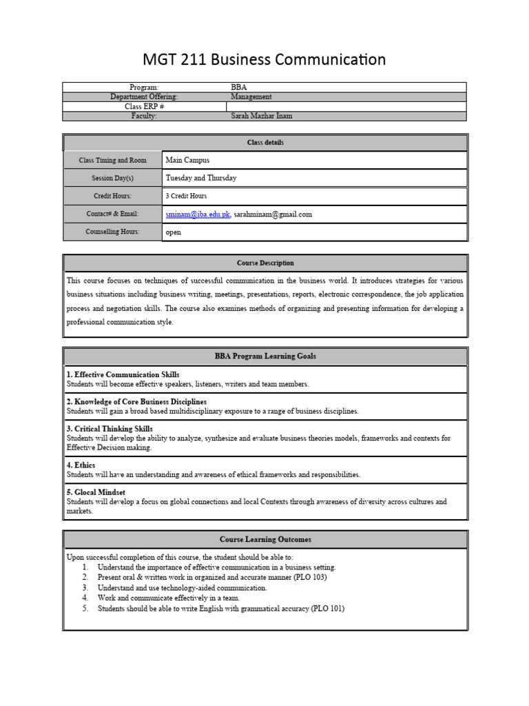 Business Communication Course Outline | PDF | Communication | Learning