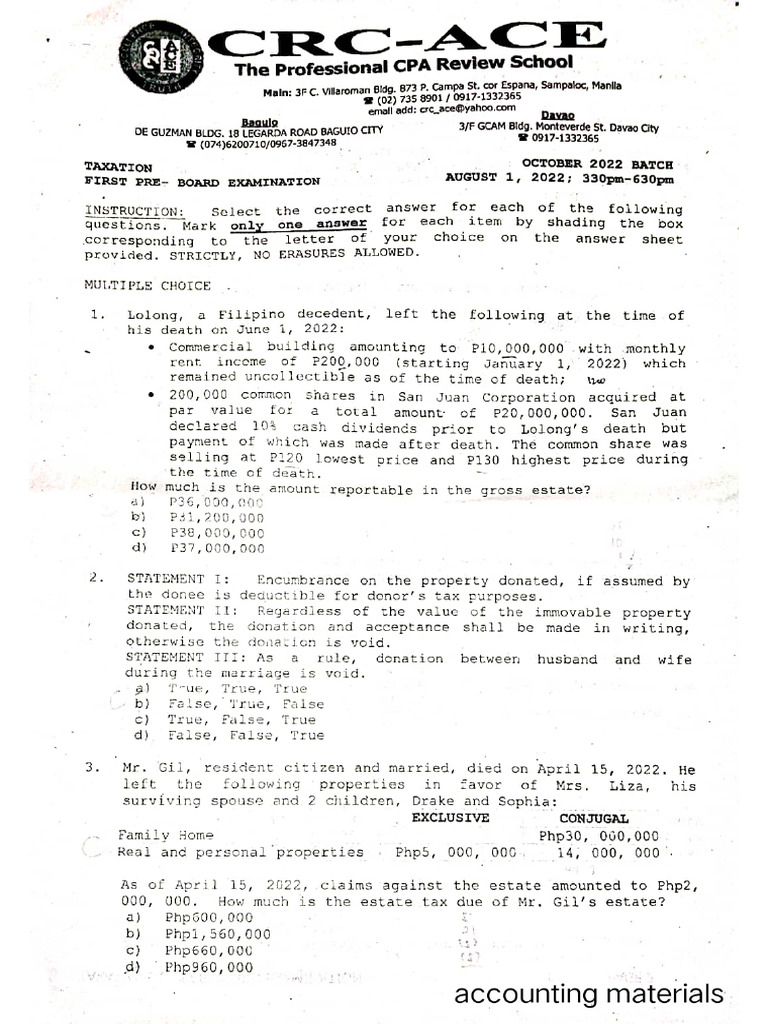 Taxation 1st Preboard Exam | PDF