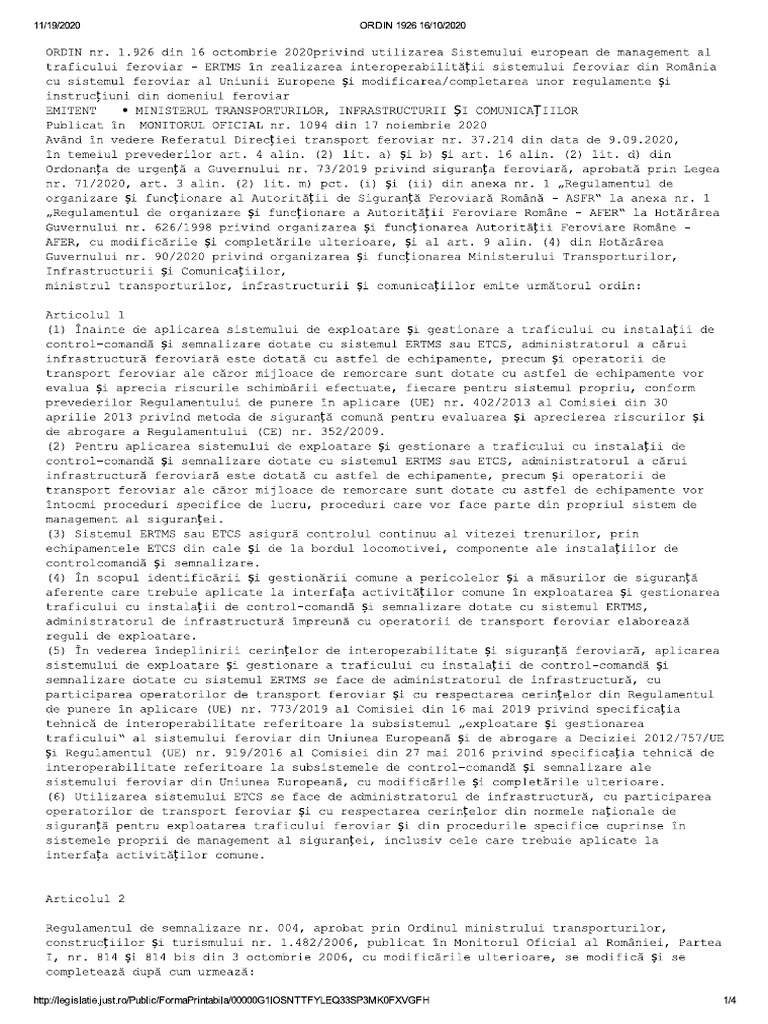 ORDIN 1926 Din 16 10 2020 - Modificare R004 Si Ordine MT | PDF