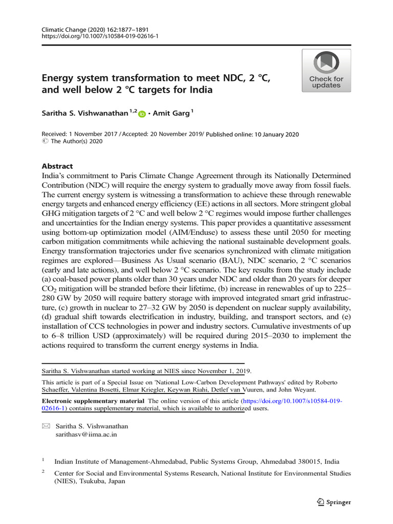 Energy System Transformation To Meet NDC, 2 °C, and Well Below 2 °C Targets For India | PDF ...