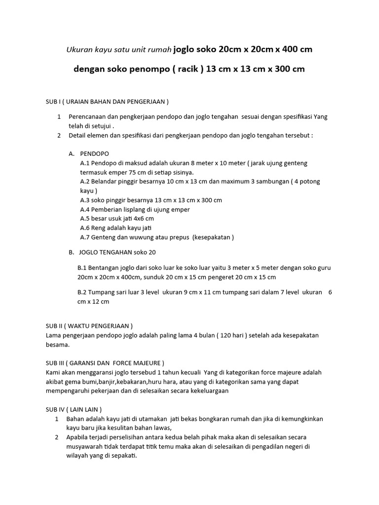 Spesifikasi dan Pengerjaan Joglo Soko 20 | PDF
