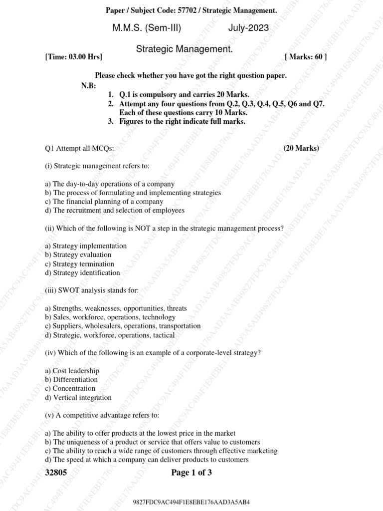 Strategic Management Exam Questions | PDF | Business | Strategic Management